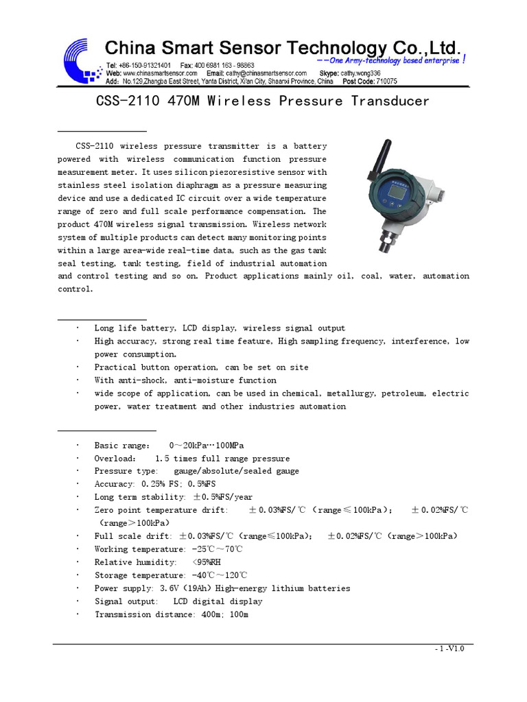 CSS-2110 470M Wireless Pressure Transducer | PDF | Pressure Measurement | Wireless