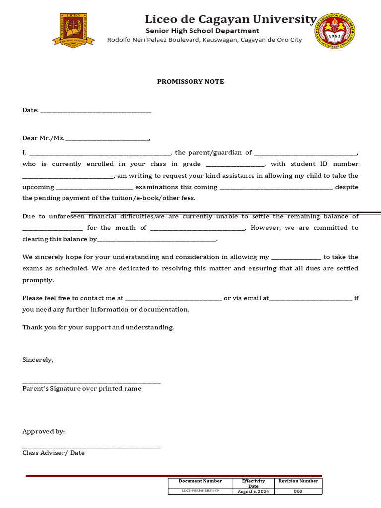 Ldcu Forms SHS 049 Promissory Note | PDF