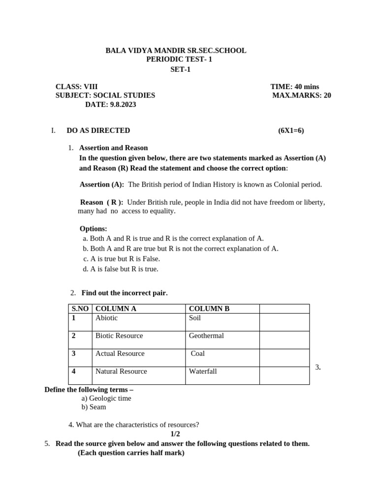 Class VIII Social Studies Test BC428 | PDF | Economies