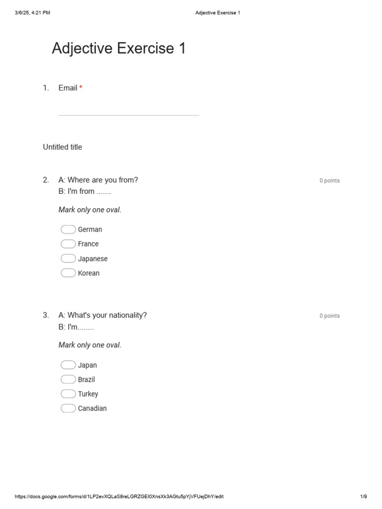 Adjectives Exercise 1 - Google Forms | PDF