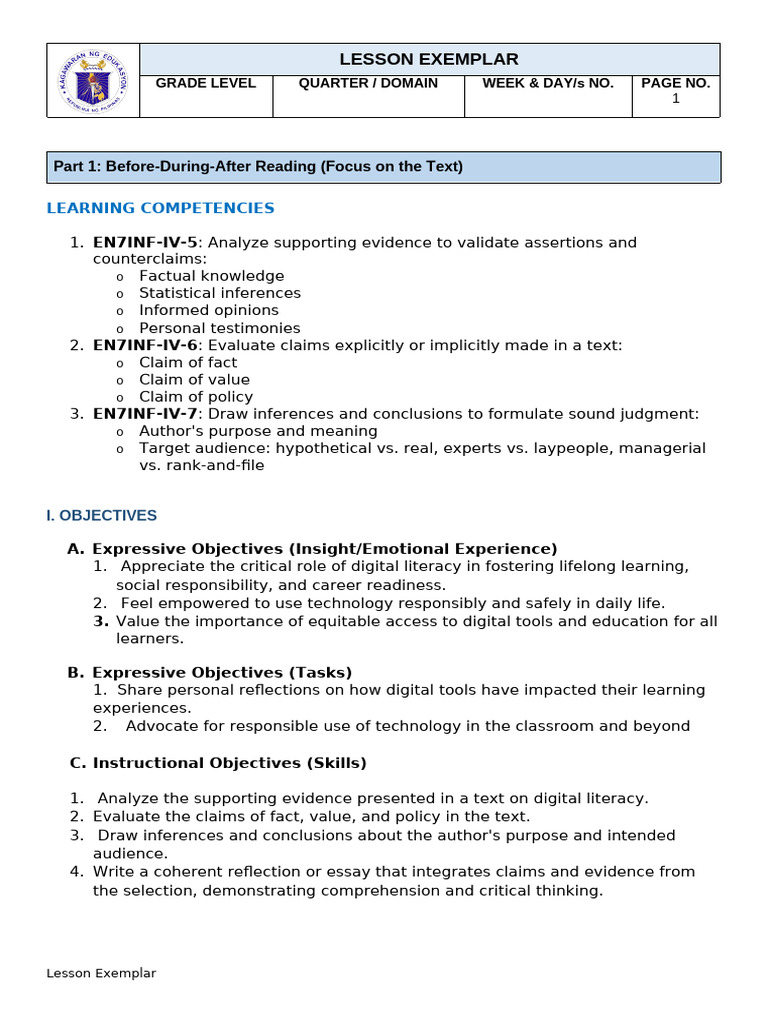 Lessonexemplar Informative Sample | PDF | Literacy | Learning