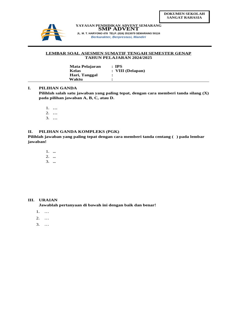 KOP SOAL ASTS GENAP KELAS VIII TAHUN 20242025 | PDF