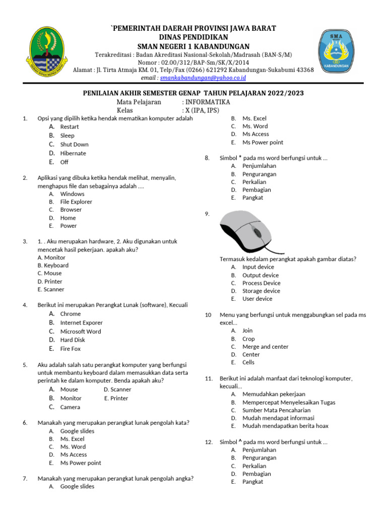 Soal TIK X UAS Ganjil 2022 | PDF