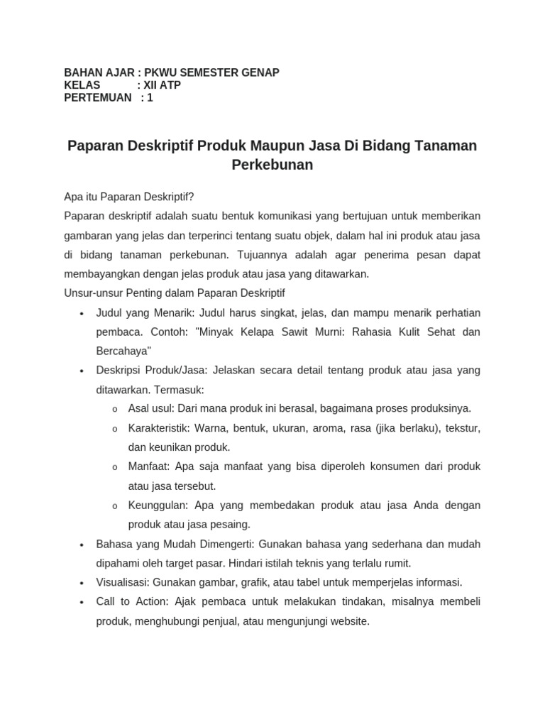 Paparan Deskriptif Produk Maupun Jasa Di Bidang Tanaman Perkebunan | PDF