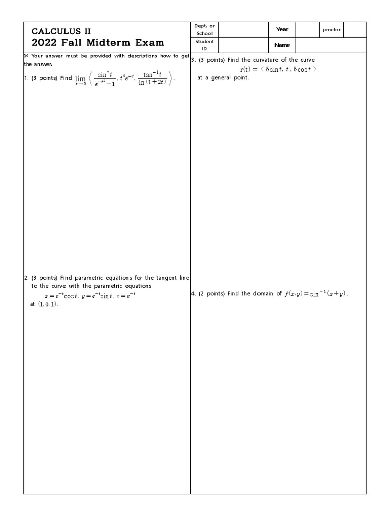Calculus II Fall 2022 Midterm Exam | PDF | Curvature | Applied Mathematics