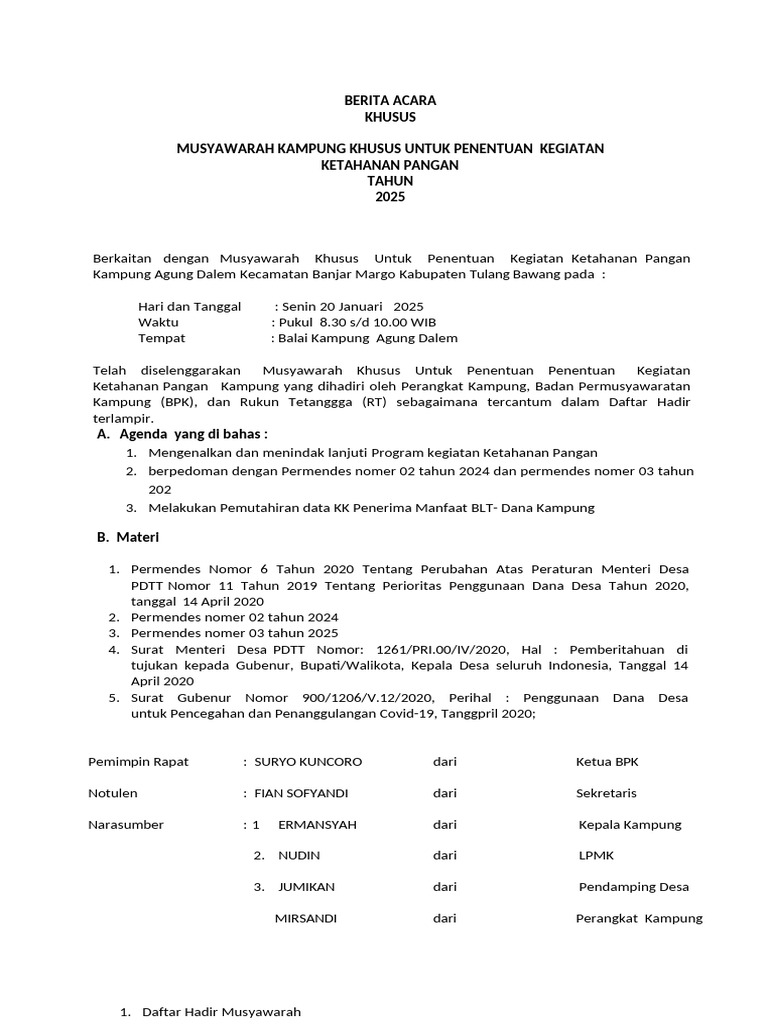 Berita Acara Khusus Musywarah Ketahanan Pangan | PDF