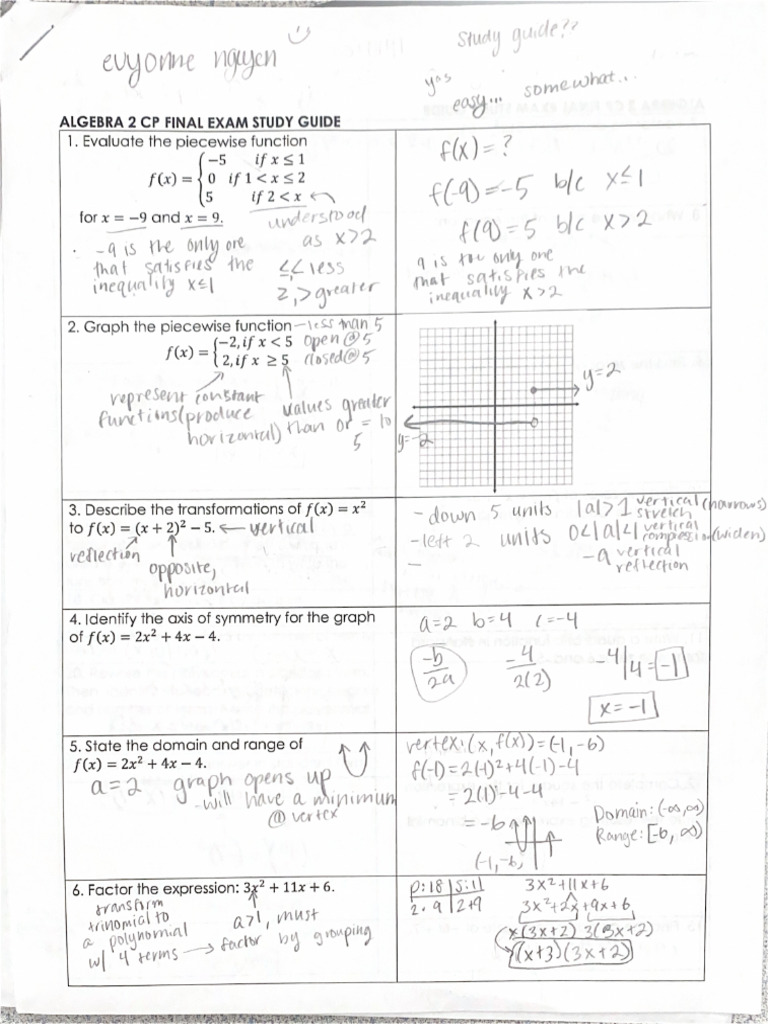 Algebra 2 Cp Final Exam Study Guide | PDF