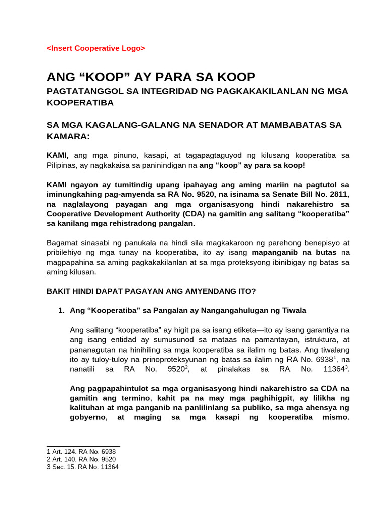 Manifesto NG Kilusang Kooperatiba | PDF