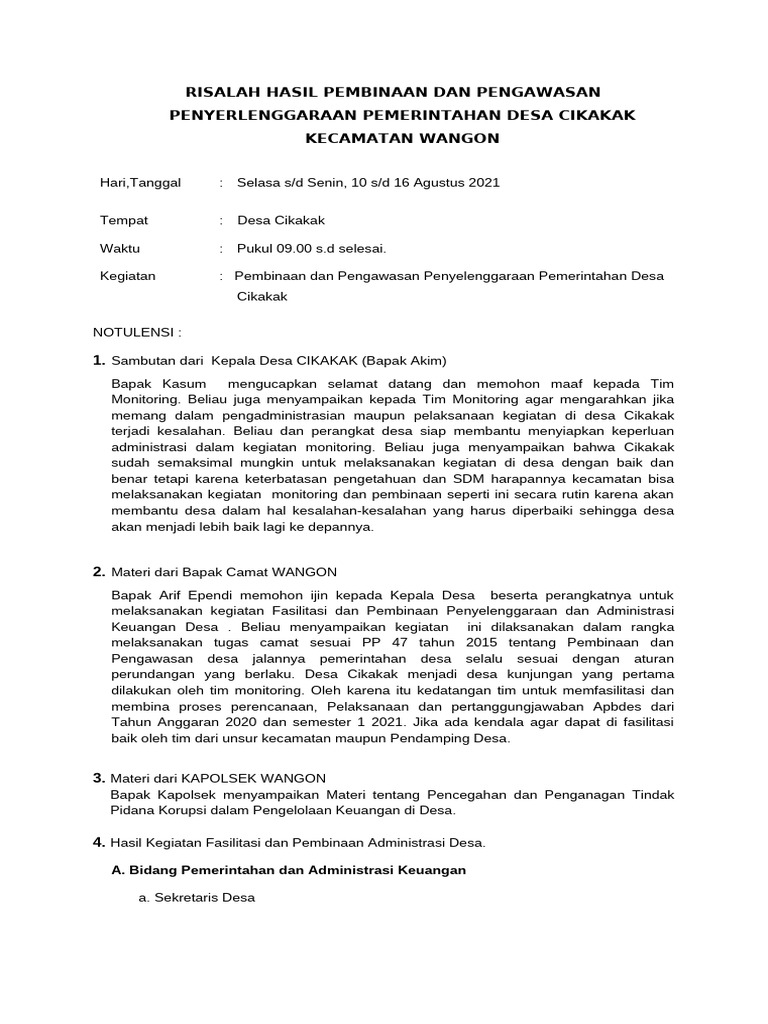 Risalah Hasil Binwas Bidang Pemerintahan Desa | PDF