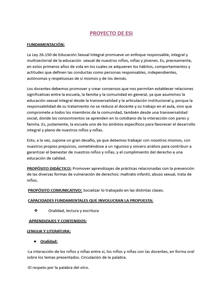 PROYECTO DE ESI | PDF | Educación sexual | Enseñando