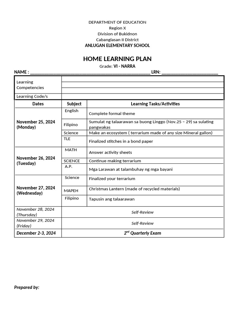 Home Learning Plan 2024 | PDF