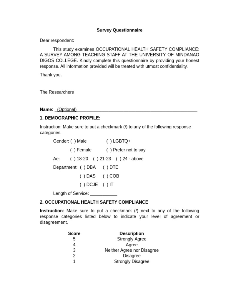 Survey Questionnaire-Occupational Health and Safety | PDF ...