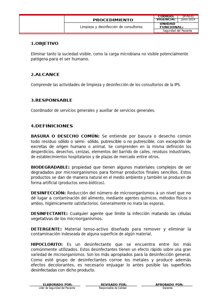 Protocolo de Limpieza y Desinfeccion de Consultorios | PDF | Residuos | Microorganismo