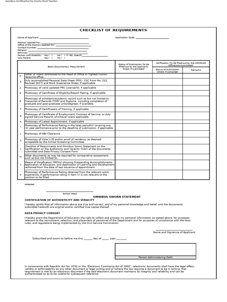 Checklist of Requirements Omnibus Cert. Teacher I | PDF