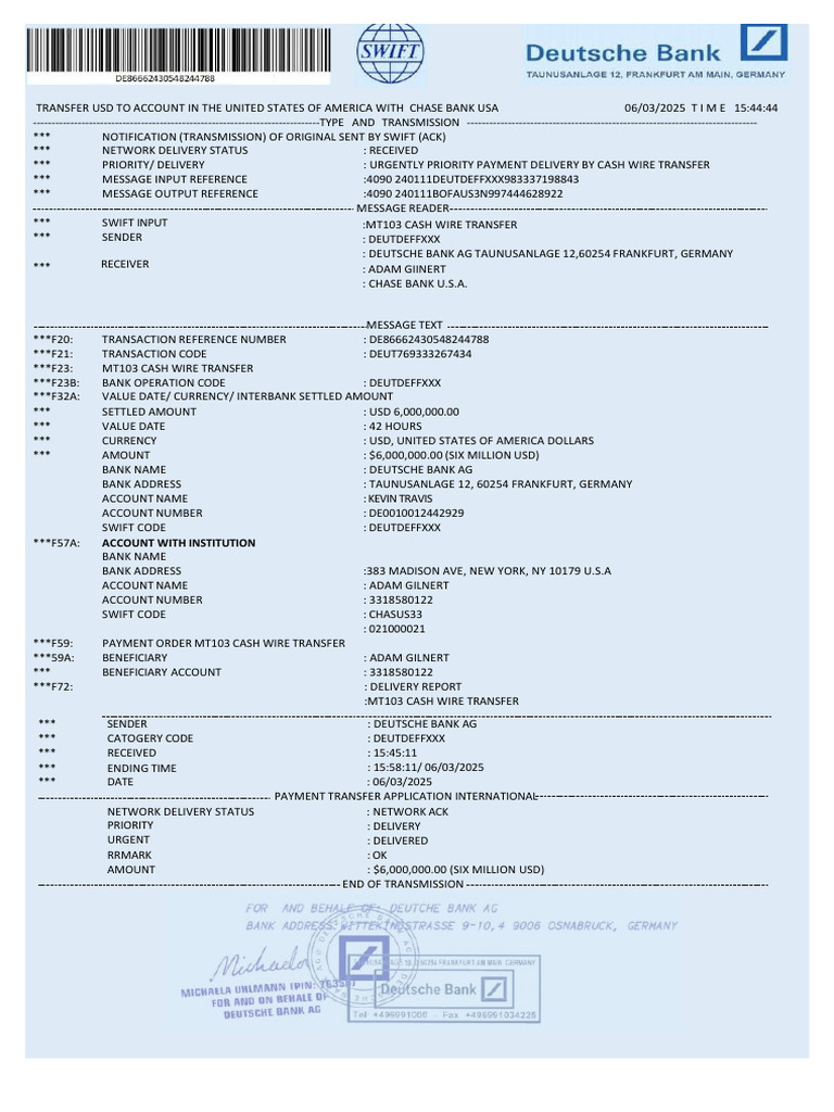Deutsche Bank Mt103 Cash Transfer | PDF | Wire Transfer | United States ...