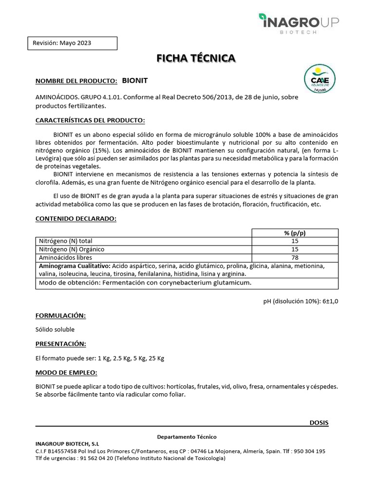 Ficha Técnica de BIONIT: Fertilizante Ecológico | PDF | Aminoácidos ...