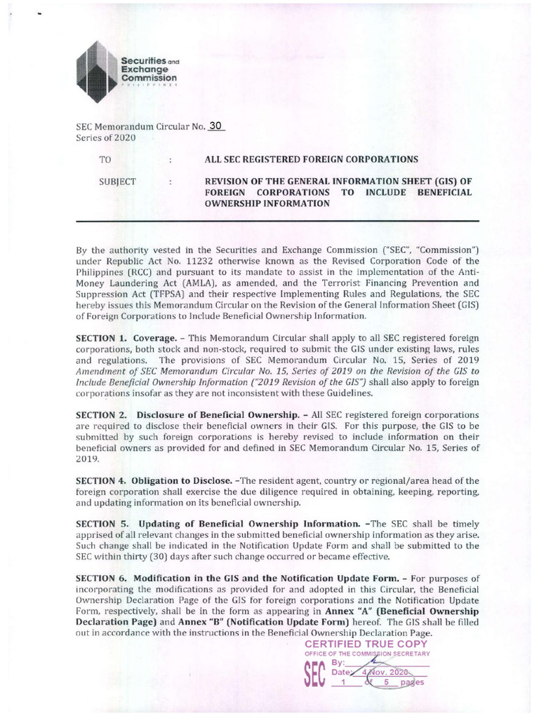 SEC Memorandum Circular No 30 Series of 2020 | PDF