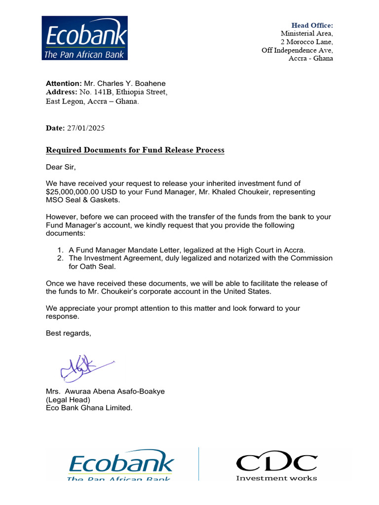 Ecobank Fund Process Letter Charles Khaled | PDF