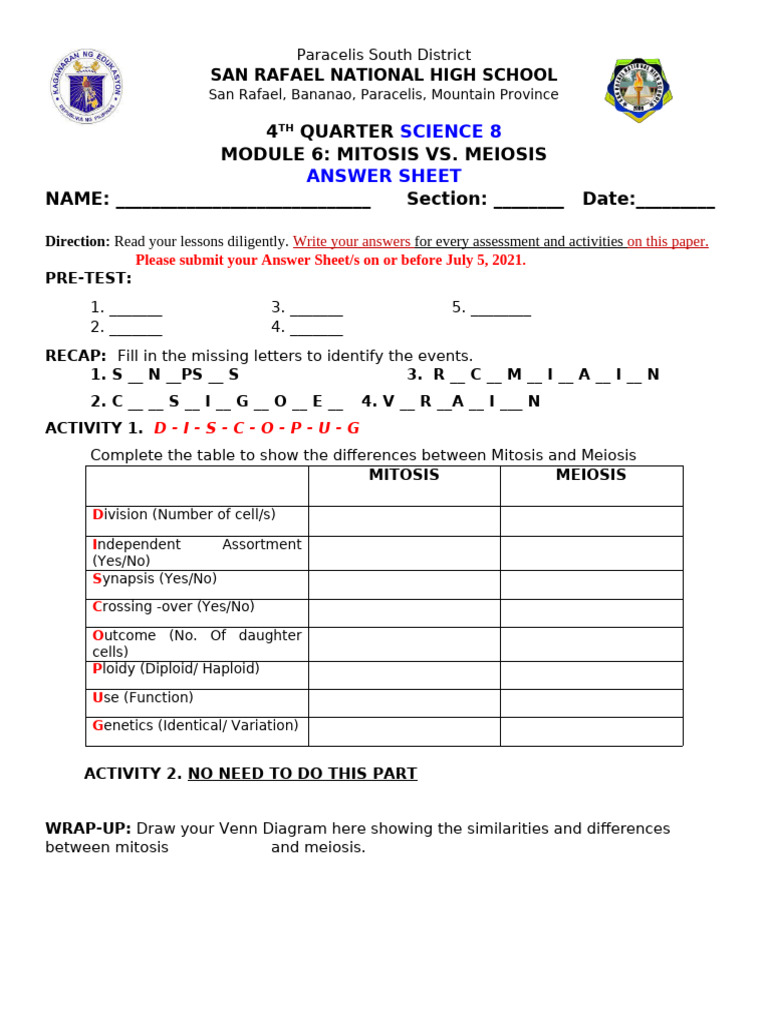Mitosis vs. Meiosis Answer Sheet | PDF