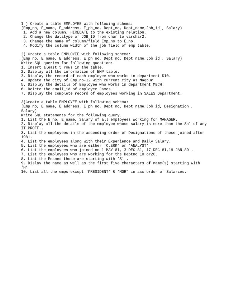 SQL Queries for Employee Table Management | PDF