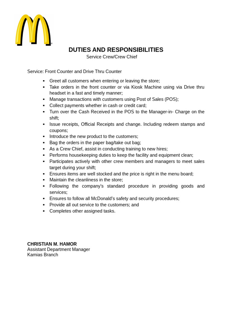 McDonald's Service Crew Job Duties | PDF