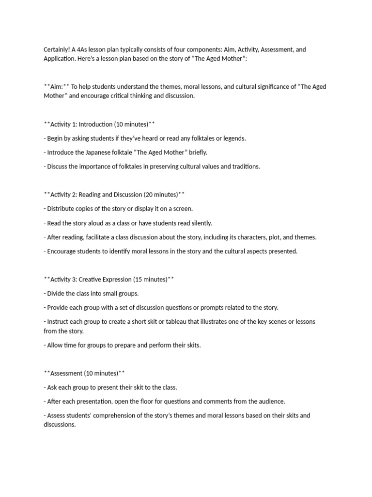 Lesson Plan for "The Aged Mother" Story | PDF | Wisdom | Folklore