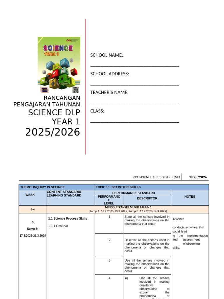 RPT SC DLP Year 1 (SK) 2025-2026 by Rozayus Academy (Kump B) | PDF ...