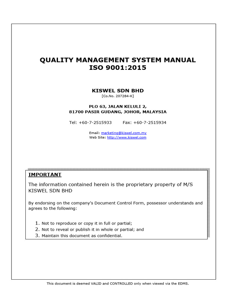 Quality Management Manual ISO 9001:2015 | PDF | Quality Management ...