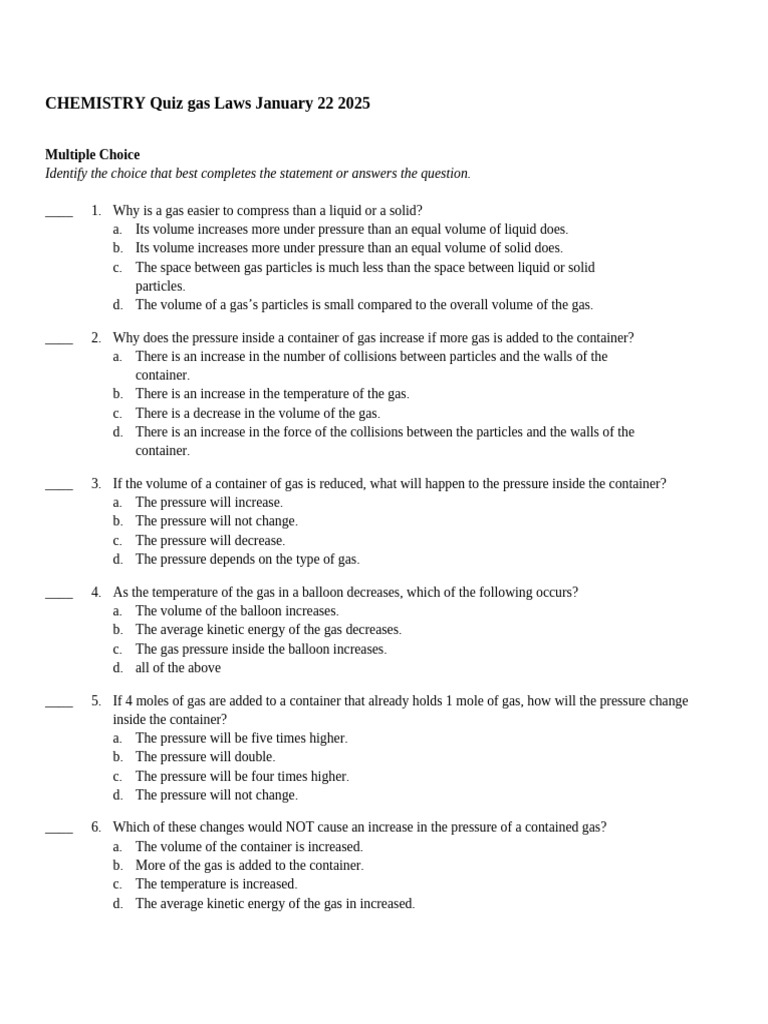 AT HOME QUIZ | PDF | Gases | Pressure