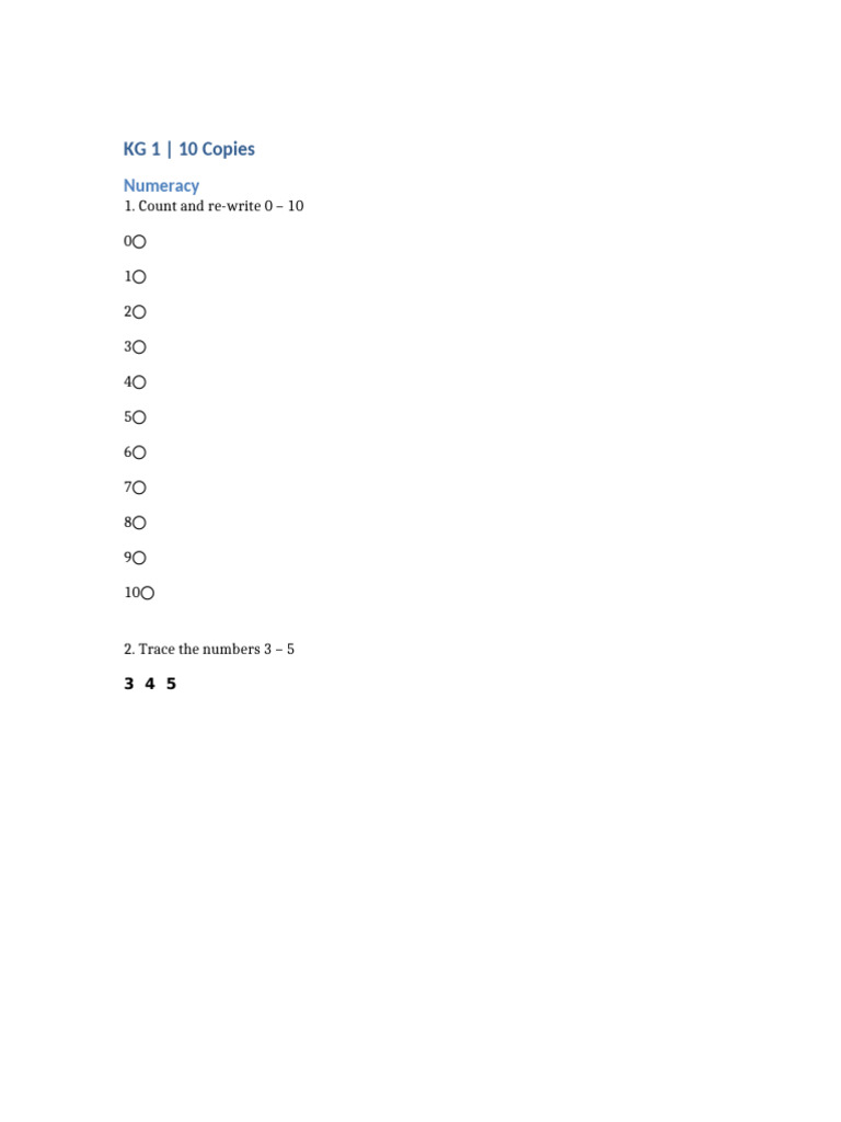Numeracy Worksheet KG1 | PDF