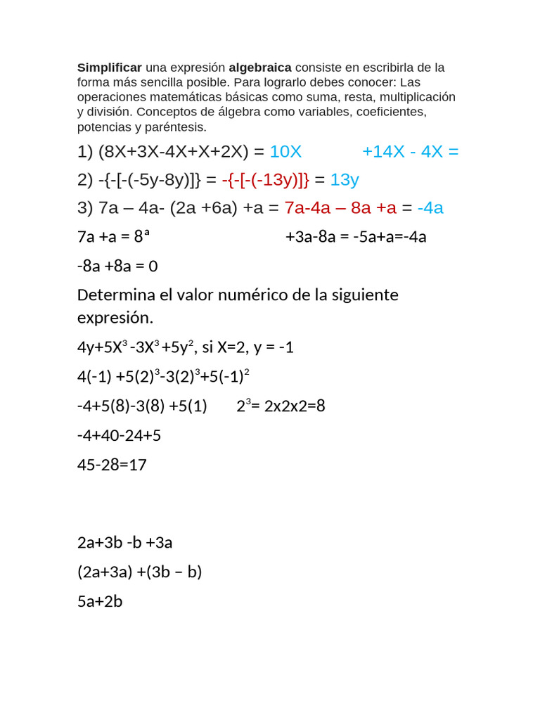 Simplificacion de Expresiones Algebraicas | PDF