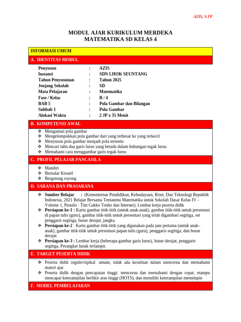 Modul Ajar MTK Pertemuan Ke-1 | PDF