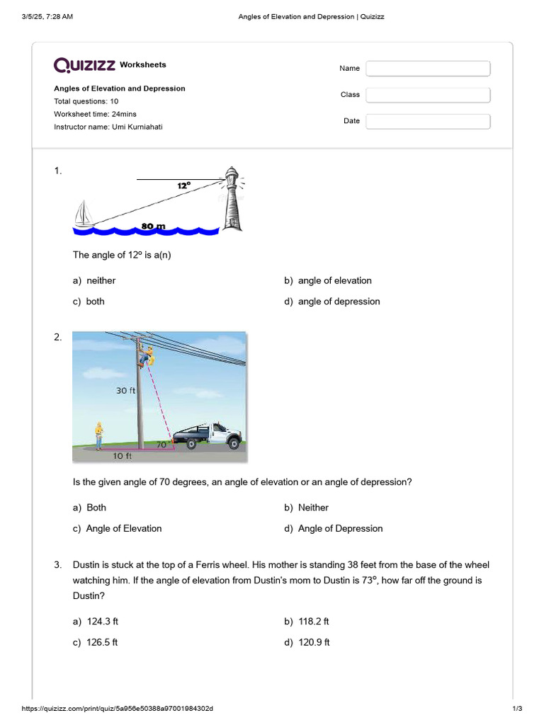 Angles of Elevation and Depression Worksheet | PDF