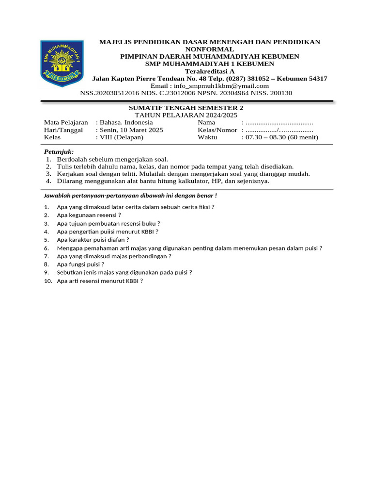 Soal Dan Kunci Jawaban STS 2 2425 Bahasa Indonesia Kelas 8 | PDF