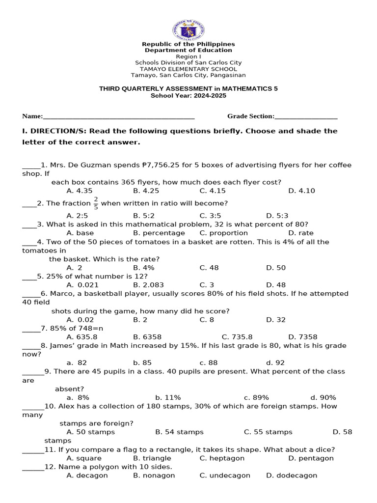 Math 5 Third Quarter Assessment | PDF | Shape | Euclidean Plane Geometry