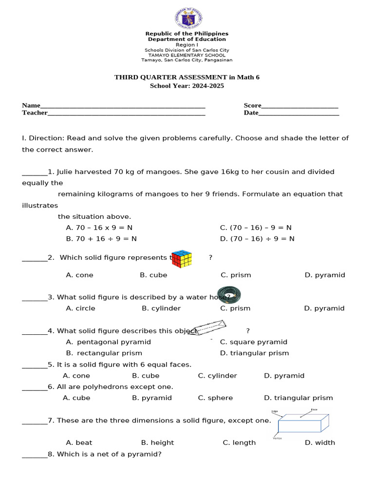 Math 6 Third Quarter Assessment | PDF | Area | Geometry