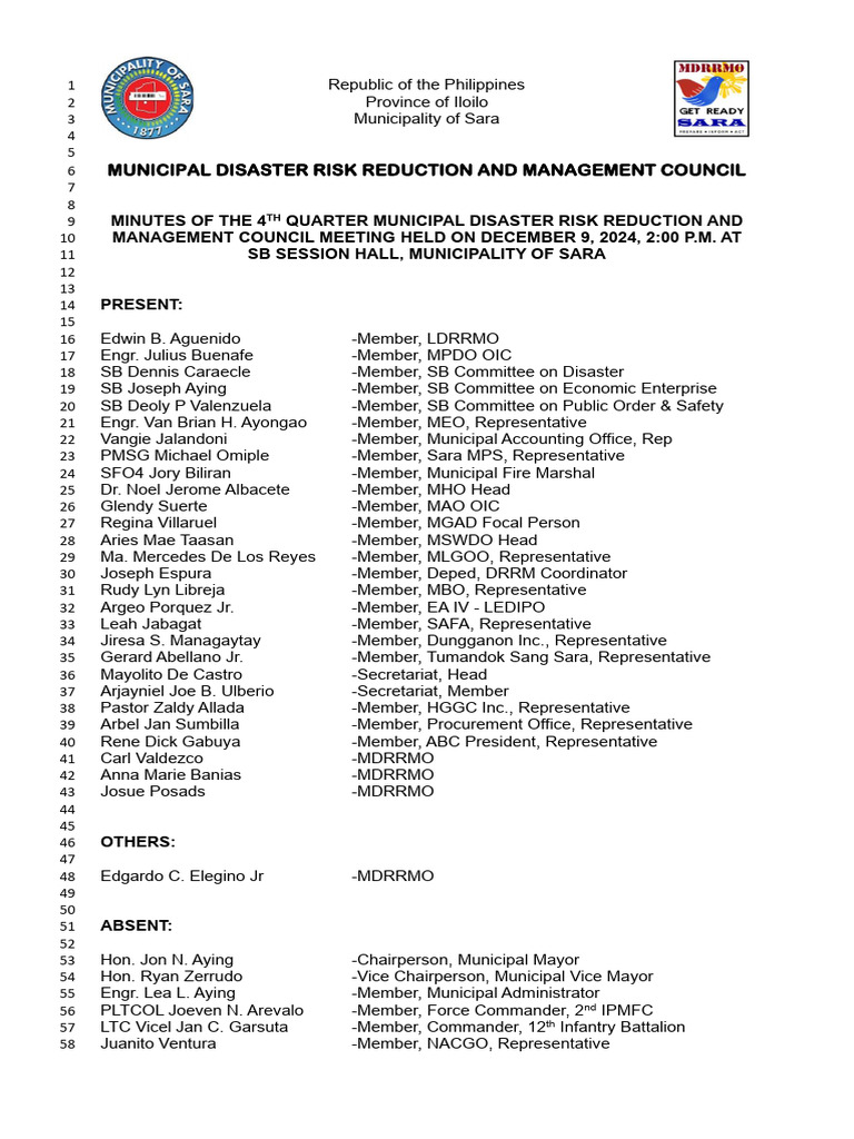 MDRRMC 2024 Q4 MoM Draft | PDF | Traffic