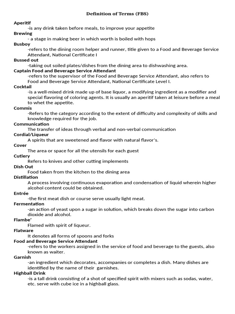Definition of Terms FBS | PDF | Tableware | Drink
