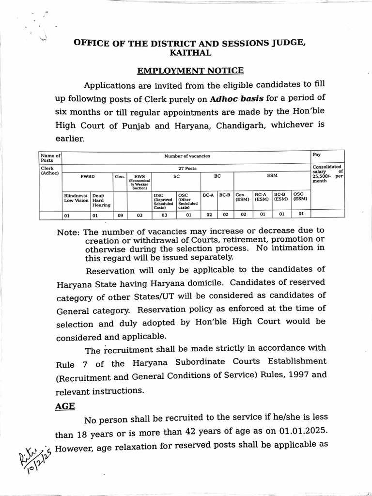 Kaithal Court Clerk Recruitment 2025 Notification | PDF