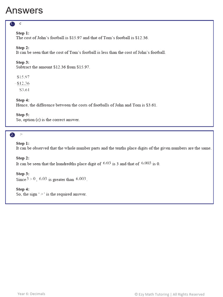 Year 6 Maths Test - Decimals - Answers | PDF | Numbers | Division ...