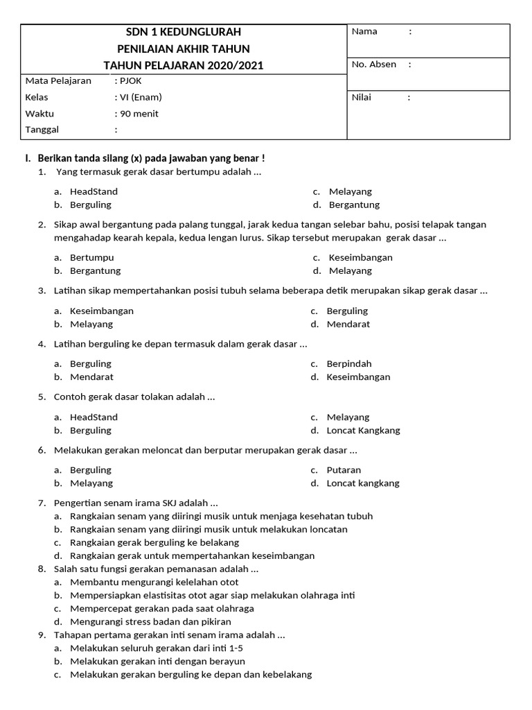 Soal PAT PJOK Kelas 6 | PDF