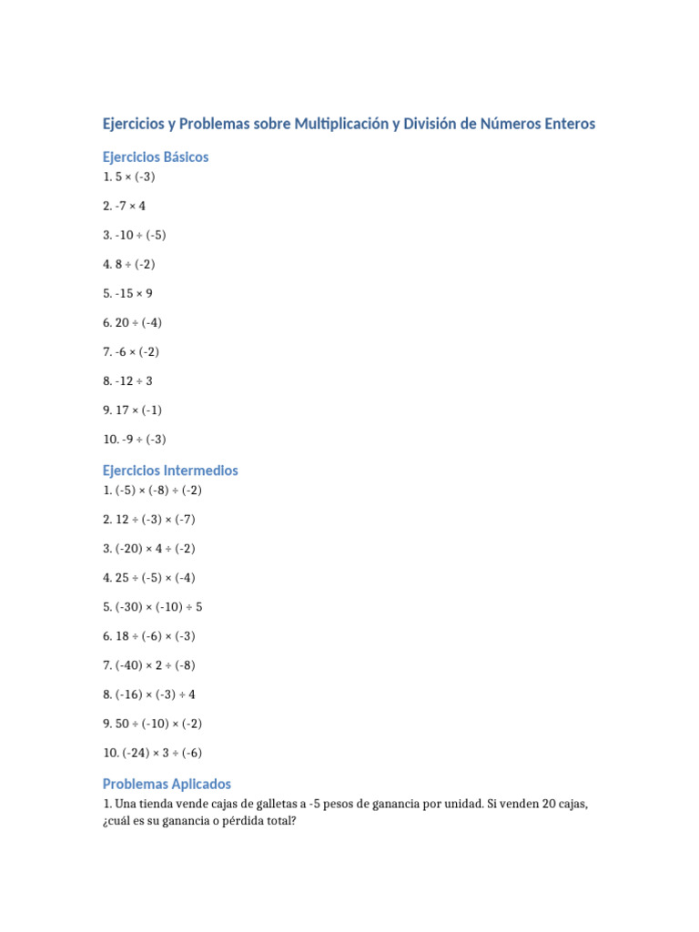 Ejercicios Multiplicacion Division Enteros | PDF