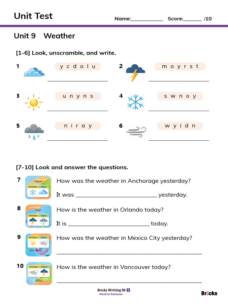 Bricks Writing 50 - L3 - Unit Test - Unit 9 | PDF