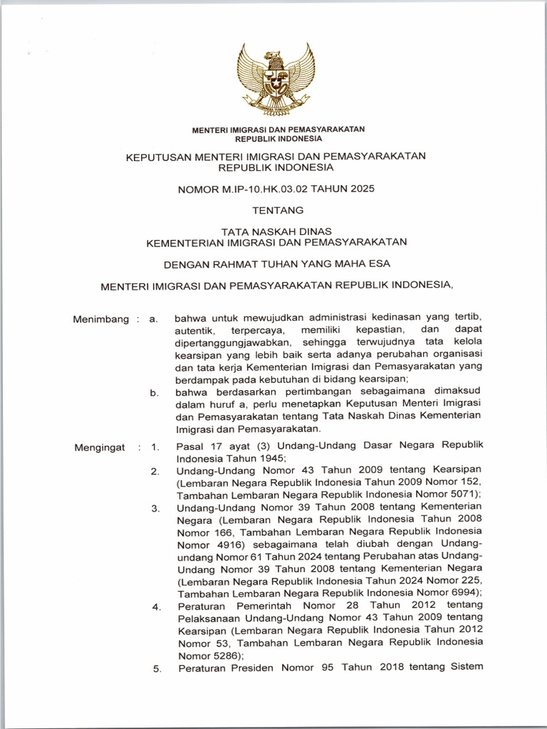 Kepmenimipas Tentang Tata Naskah Dinas Kementerian Imigrasi Dan Pemasyarakatan | PDF