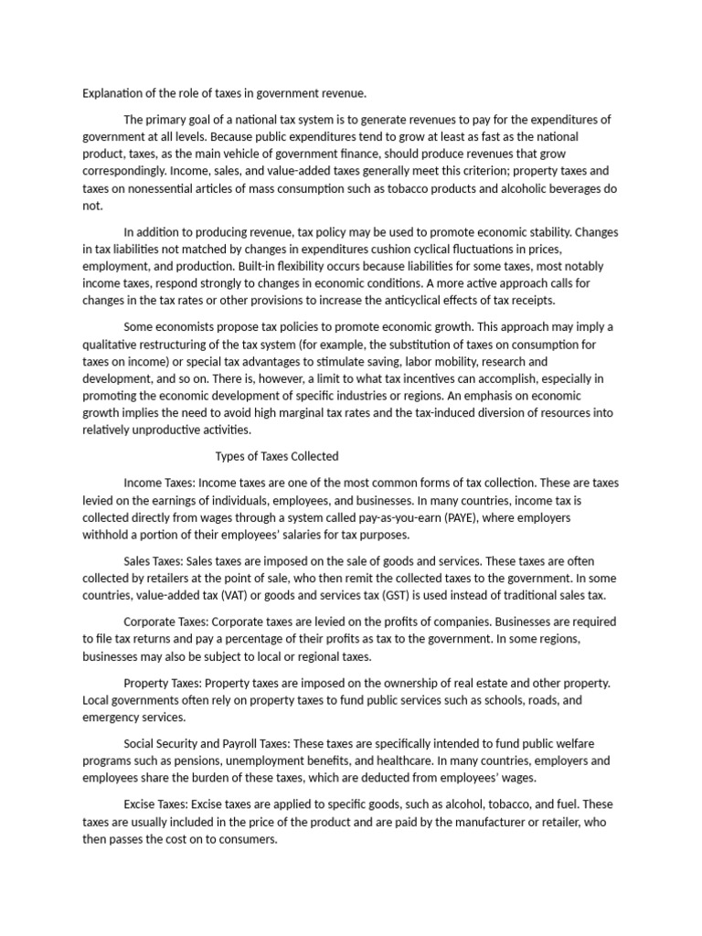 Explanation of The Role of Taxes in Government Revenue | PDF | Taxes ...