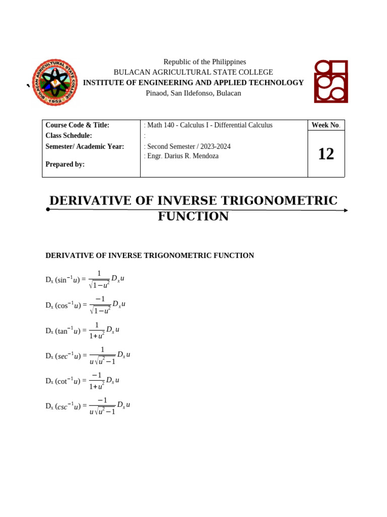 Week No. 12 - Derivative-Of - Inverse Trigonometric-Function | PDF ...