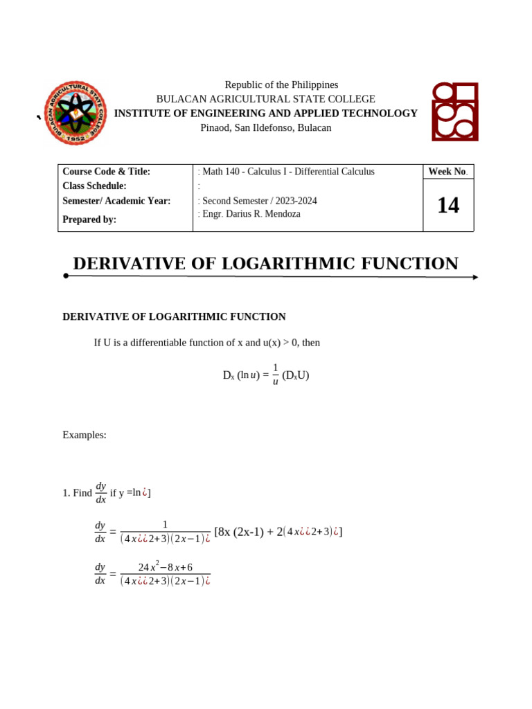 Week No. 14 - Derivative-of-Logarithmic-Function | PDF