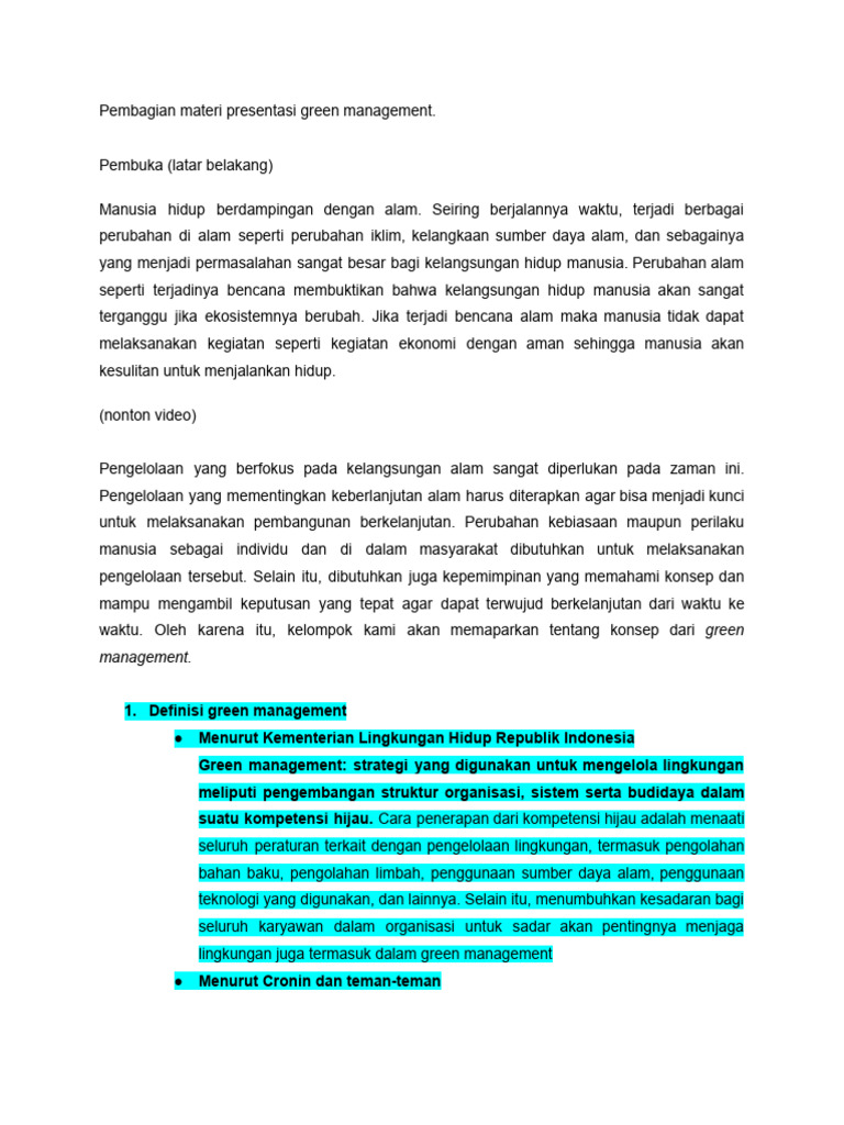 Pembagian Materi Presentasi Green Management | PDF