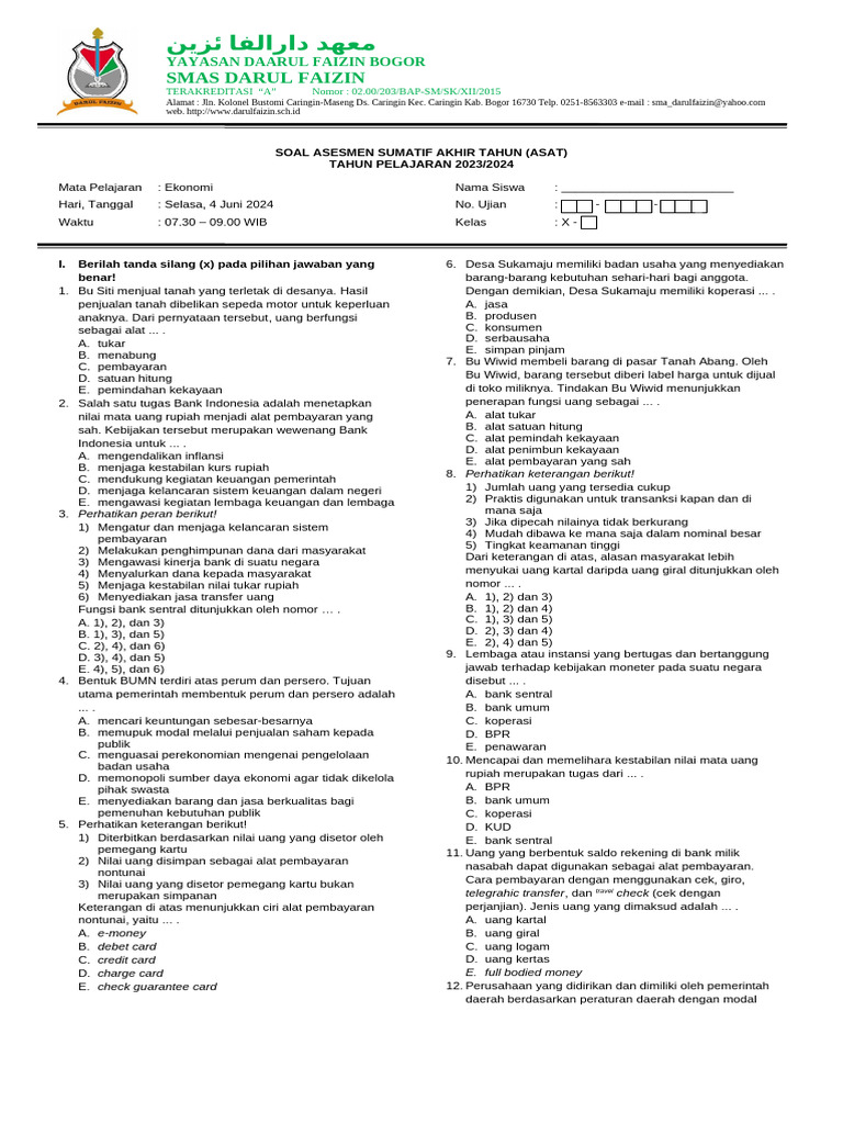 Naskah Soal ASAT - Ekonomi - X | PDF