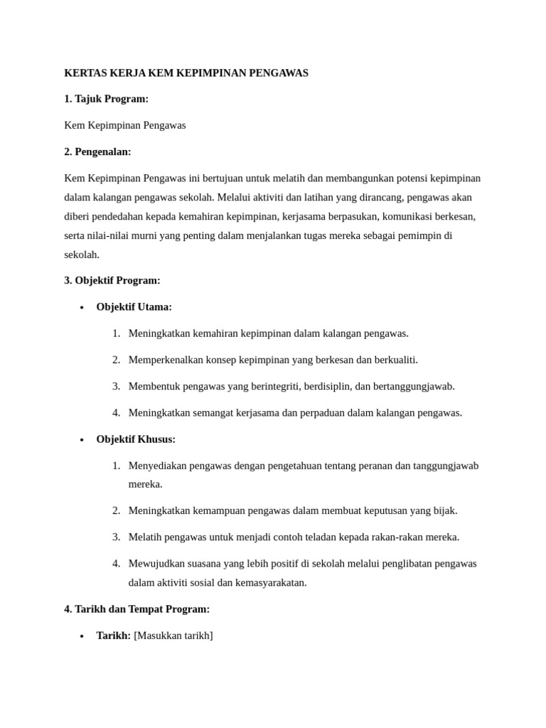 Contoh Kertas Kerja Kem Kepimpinan Pengawas Khas Untuk Murid Sekolah | PDF